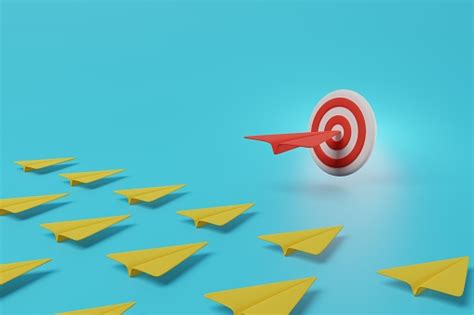 빨간색 종이 비행기가 파란색 배경의 다른 노란색 비행기보다 먼저 대상 보드에 부딪쳤습니다 사업 목표 또는 목표 팀워크 리더십 개념 3d 렌더링 3차원 형태에 대한 스톡 사진