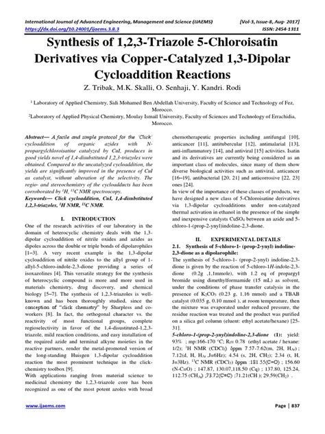 Synthesis Of 123 Triazole 5 Chloroisatin Derivatives Via Copper