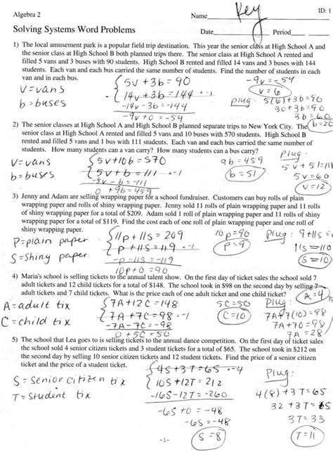 Systems Of Linear Equations Word Problems Worksheet Answers Db Excel