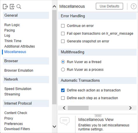Loadrunner Runtime Settings Miscellaneous Error Handling
