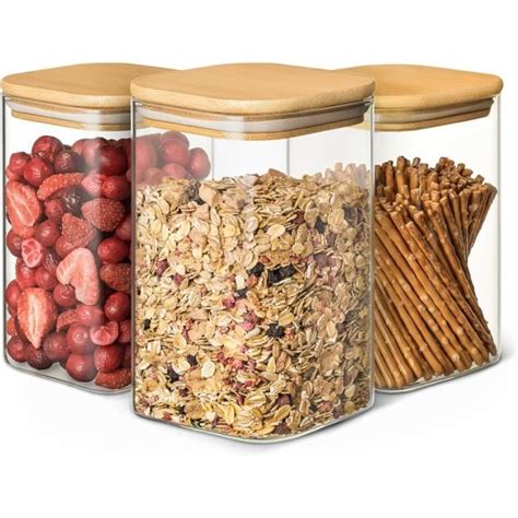 3 Bocaux En Verre Carrés Avec Couvercle En Bambou Hermetiques 1l