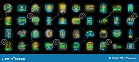 Two Factor Authentication Icons Set Vector Neon Stock Vector Illustration Of Mobile Icons