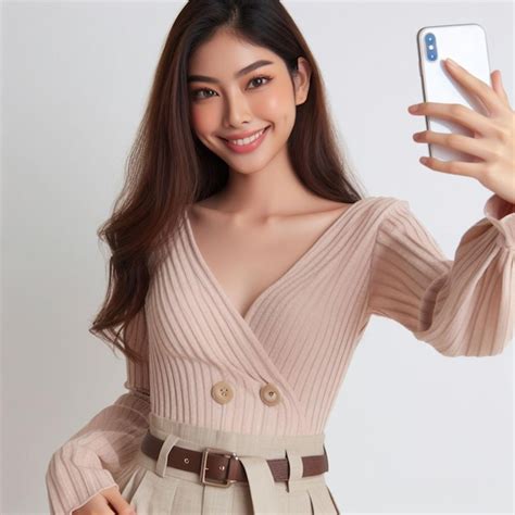 Premium Photo Asian Girl Standing And Taking A Selfie