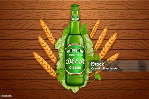 현실적인 맥주 제품 광고입니다 3d 일러스트 벡터 라이트 맥주 병 템플릿 디자인입니다 알콜 음료 브랜드 유리 병 광고 포스터 레이아웃 3d 안경에 대한 스톡 벡터 아트 및