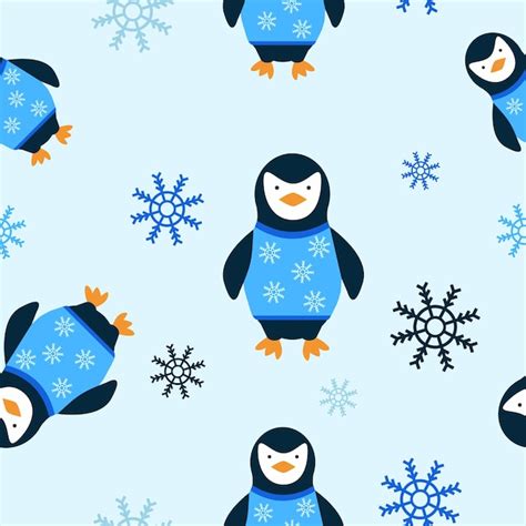 Premium Vector Vector Seamless Pattern With Cute Penguins And Snowflakes
