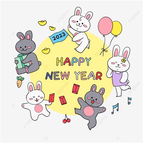 토끼 한국 설날 2023 만화 스타일 축하합니다 새해 축하 그레이 화이트 토끼 한국의 설날 새해 Png 일러스트 및 Psd