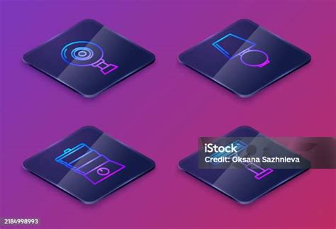 아이소 메트릭 라인 웹 카메라 이중 보일러 테이블 램프 및 전기 히터 를 설정합니다 파란색 사각형 버튼입니다 벡터 3차원 형태에 대한 스톡 벡터 아트 및 기타 이미지