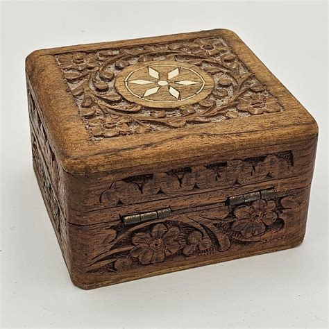 Vintage Square Ornate Carved Teak Wood Box Hinged Jewelry Etsy