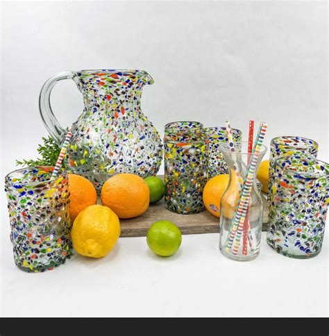 Mexican Glassware Pitcher Set Mexican Blown Glassware Mexican Confetti