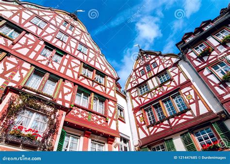 Medieval Timbered Facade Of Buildings In Berncastel Kues Germany Stock