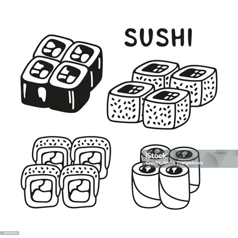 手描きの落書き風の日本の巻き寿司セットレストランメニューのためのアジア料理 いたずら書きのベクターアート素材や画像を多数ご用意