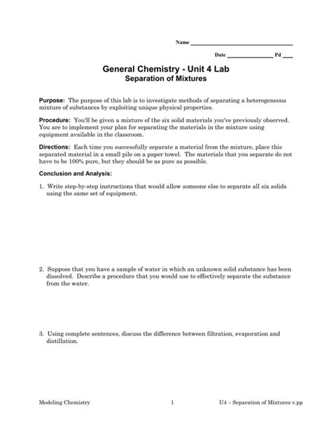 Separation Of Mixtures Lab Chemistry Experiment