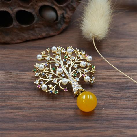 Golden Tree Of Life Brooch With Pearls And Zirconia Tree Of Life Brooch Elegant Brooch