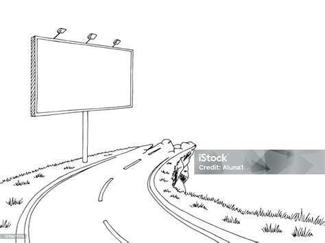 절벽 파괴 도로 간판 그래픽 검은 색 흰색 풍경 스케치 일러스트 벡터 도로에 대한 스톡 벡터 아트 및 기타 이미지 도로 간판 스케치 Istock