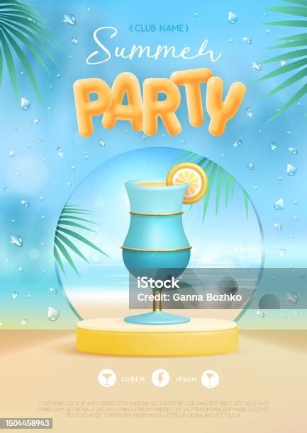 3d 무대와 칵테일 블루 라군이 있는 여름 디스코 파티 포스터 화려한 여름 해변 장면입니다 벡터 그림 무대에 대한 스톡 벡터 아트 및 기타 이미지 Istock