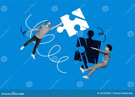 Creative Collage Picture Young Woman Man Superhero Puzzle Game Connect Incomplete Logic Solution