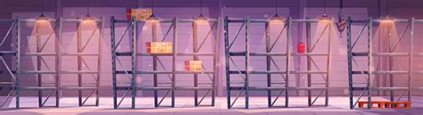 팔레트와 상자 랙이 있는 빈 창고 저장실 내부에는 벡터 그림이 그려져 있습니다 건물 격납고 사무실 만화 그림 내부에 상자 소포용 선반이 있는 물류 및 상품 배달 재고실