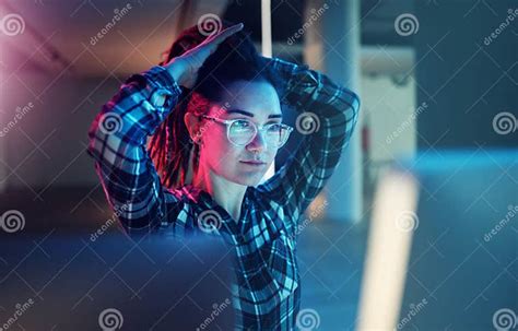Cybersecurity Password And Woman Hacker Getting Ready While Working On A Computer At Night For