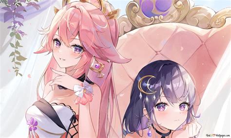 Two Beautiful Anime Girls Raiden Ei And Yea Miko Sitting Together And 2k