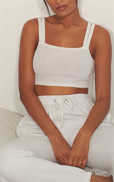 White Rib Double Strap Crop Top Tops Prettylittlething