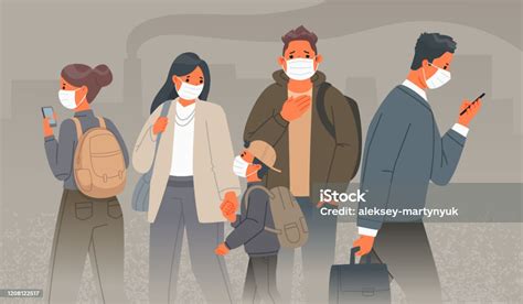 산업 도시의 대기 오염 공장의 굴뚝 흡연의 배경에 대한 자신의 얼굴에 의료 보호 마스크에 슬픈 사람들 먼지와 스모그 코로나바이러스에 대한 스톡 벡터 아트 및 기타 이미지