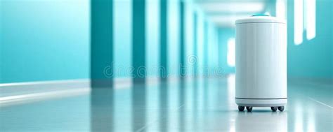 Delivery Robot In White Transporting Medicine Through Hospital Corridor