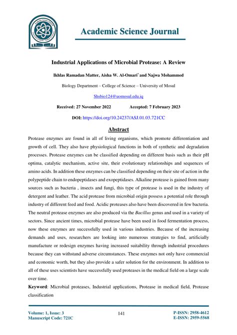 Pdf Industrial Applications Of Microbial Protease A Review