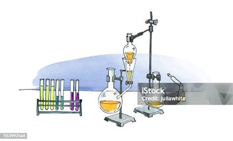 หลอดทดลองเคมีบ้าและขวดบนขาตั้งกล้อง ระเหิดและการกลั่นของเหลว ภาพประกอบอารมณ์ขันสีน้ํา ภาพประกอบ