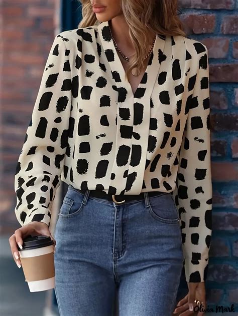 Olivia Mark Polka Dot V Neck Blouse Casual Long Sleeve Blouse For