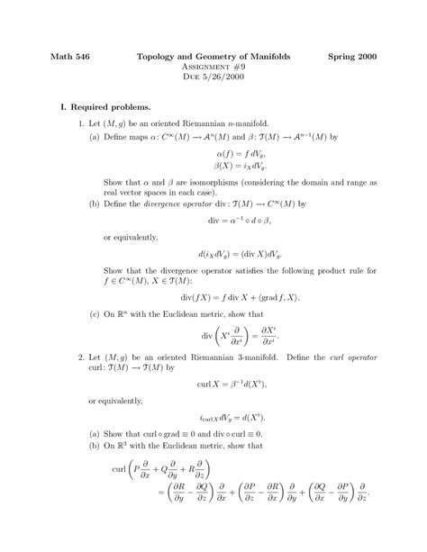 Assignment 9 With Problems Topology And Geometry Of Manifolds Math