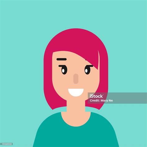 미소 짓는 소녀 아바타 분홍색 머리를 가진 귀여운 미소 여자입니다 파란색 배경에 플랫 아이콘이 있습니다 고객에 대한 스톡 벡터