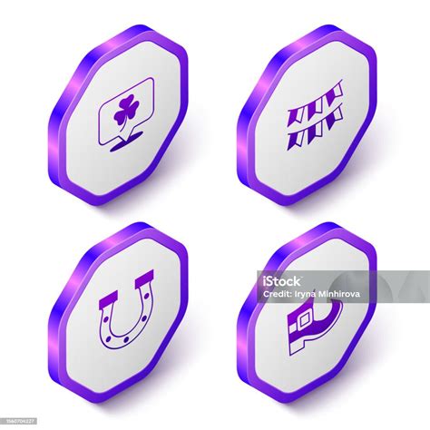 아이소메트릭 클로버 트레포일 잎 깃발이 있는 카니발 화환 말굽 및 레프리콘 부츠 아이콘을 설정합니다 보라색 육각형 버튼 벡터 3월에 대한 스톡 벡터 아트 및 기타 이미지