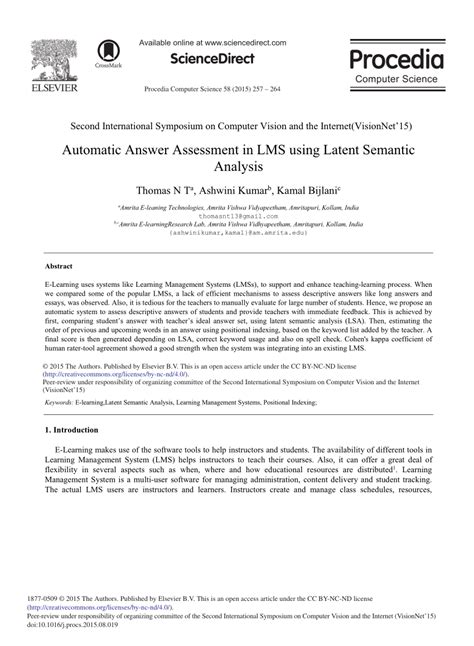 Pdf Automatic Answer Assessment In Lms Using Latent Semantic Analysis