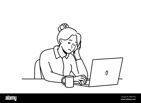 Exhausted Female Employee Sit At Office Desk Work On Computer Feel Sleepy And Overwhelmed Tied