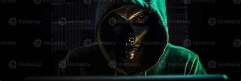 Unveiling The Enigmatic World Of Cybercrime A White Masked Hacker S Front View Amidst Dark Hood