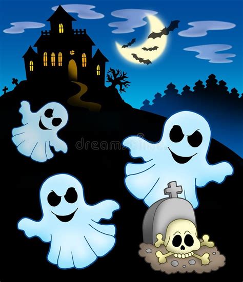 Ghosts With Haunted House Stock Illustration Illustration Of Evening