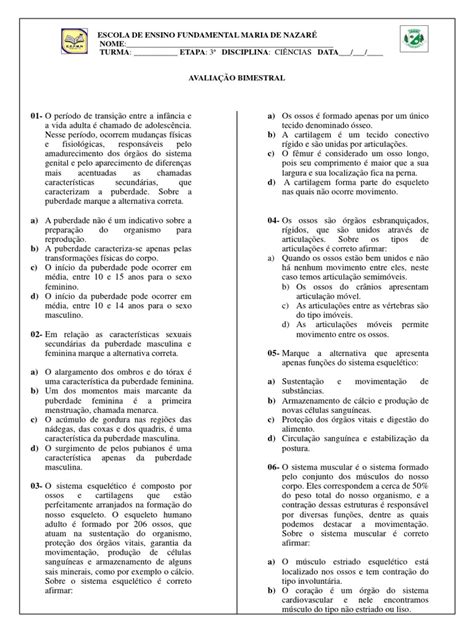 Simulado Ciências 8º Ano 3 Etapa Pdf Músculo Esquelético Osso