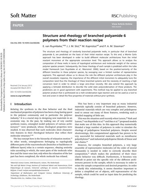Pdf Structure And Rheology Of Branched Polyamide 6 Polymers From Their Reaction Recipe