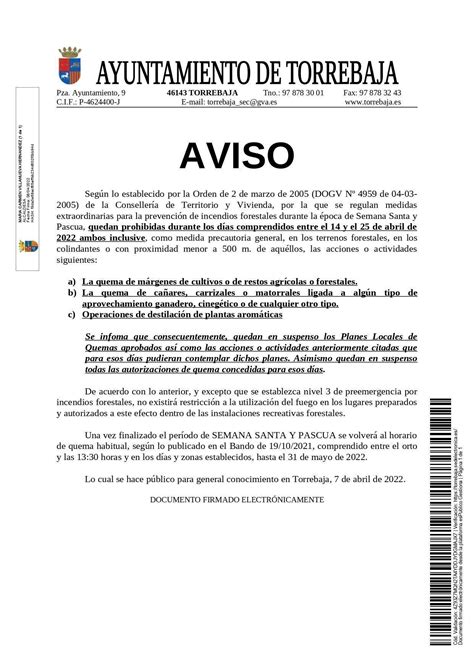Aviso Suspensión Del Plan Local De Quemas En Pascua Torrebaja