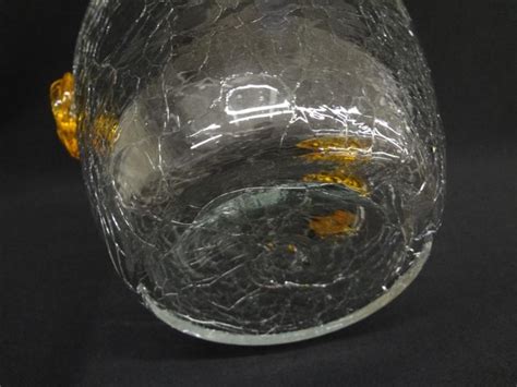 Blenko Crackle Glass Vase With Applied Yellow Swirls