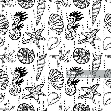 스케치 스타일로 바다 생물의 매끄럽고 손으로 그린 그림 조개 해마 및 불가사리 거품 흰색 배경 격리 여름 대양 평면 디자인 벡터 일러스트레이션 갑각류에 대한 스톡 벡터 아트