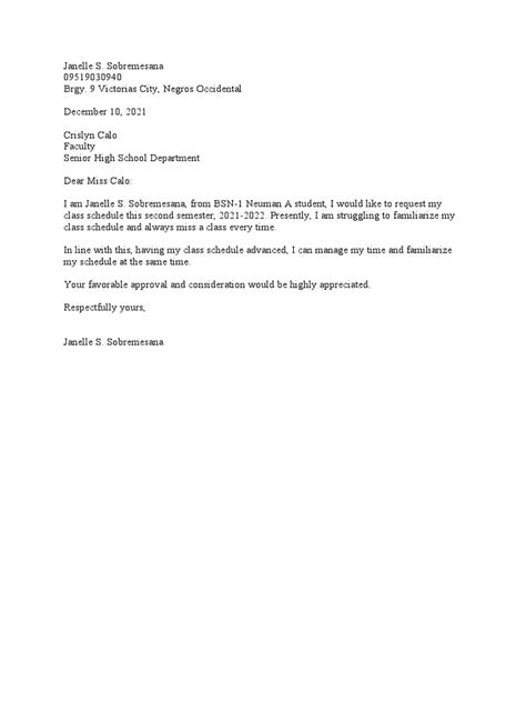 Request Letter On Class Schedule Pdf