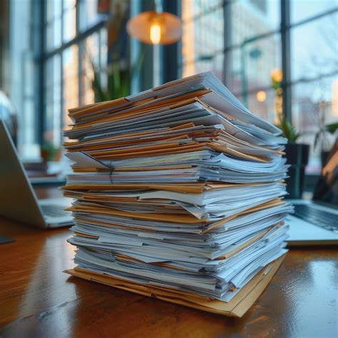 Stacks of documents piled high on an office desk with soft window light | Premium AI-generated image
