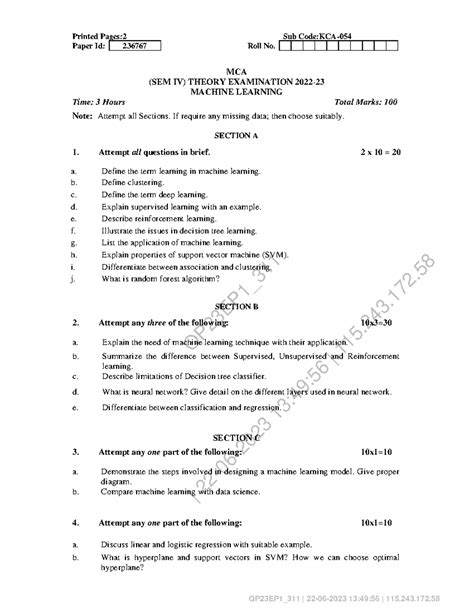 Kca054 Machine Learning Final Exam Question Paper 2023 Studocu