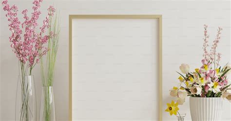 홈 인테리어 배경에 수직 금색 크롬 프레임이 있는 인테리어 포스터 모형 3d 렌더링 사진 Unsplash의 태국 이미지