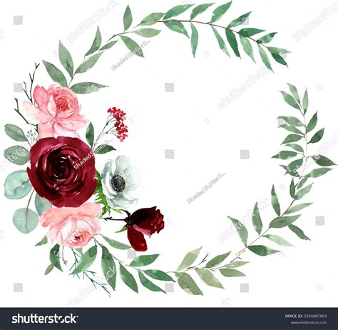 Watercolor Blush Burgundy Floral Wreath Isolated Stock Illustration