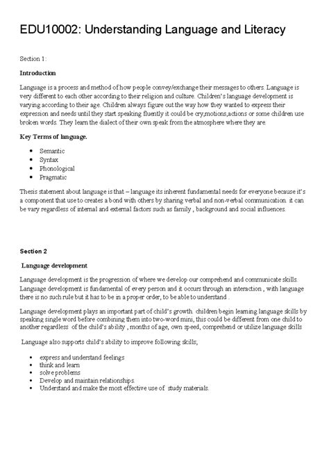 Oral Language Development EDU10002 Understanding Language And Literacy