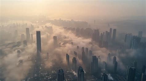 Aerial View Of A City Covered In Thick Smog From High Pm 25 Pollution