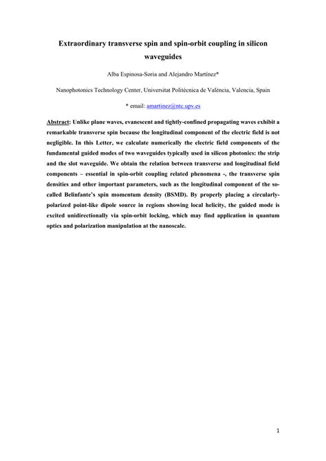 Pdf Transverse Spin And Spin Orbit Coupling In Silicon Waveguides