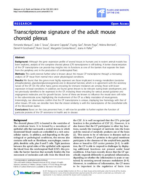 Pdf Transcriptome Signature Of The Adult Mouse Choroid Plexus